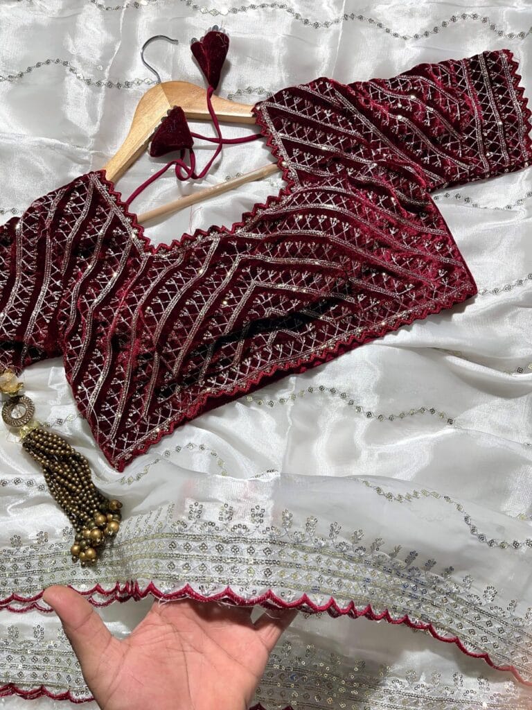 White Color Jimmy Choo Saree with Red Embroidery Blouse - Ethnic Suits