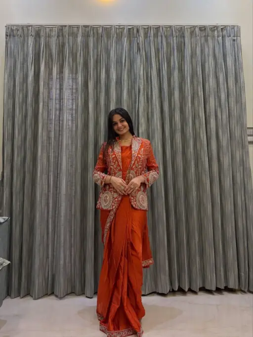 Orange Readymade Saree with Koti - Ethnic Suits