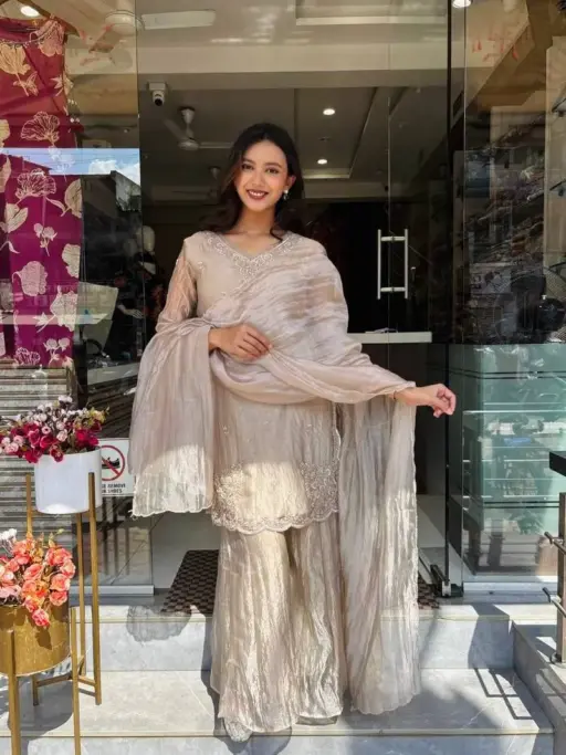 Chiku Color Pakistani Embroidery Plazzo Dress - Ethnic Suits