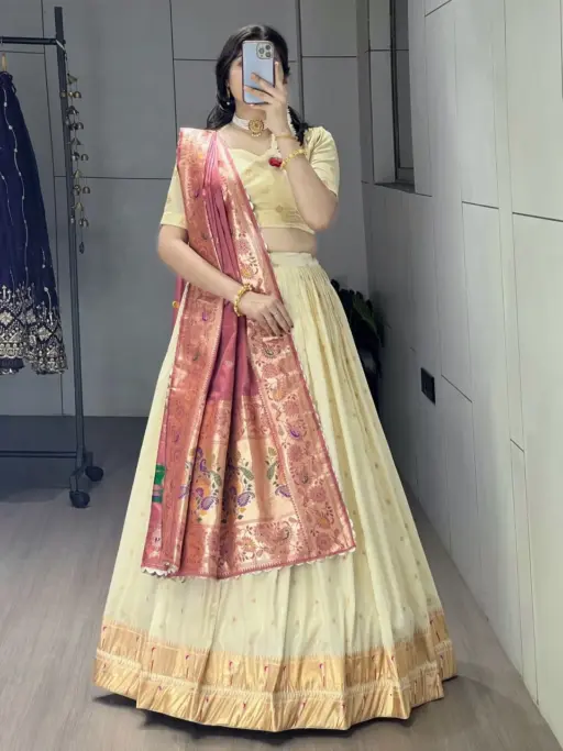 Marathi Special Cream Pathani Lehenga with Pink Dupatta - Ethnic Suits